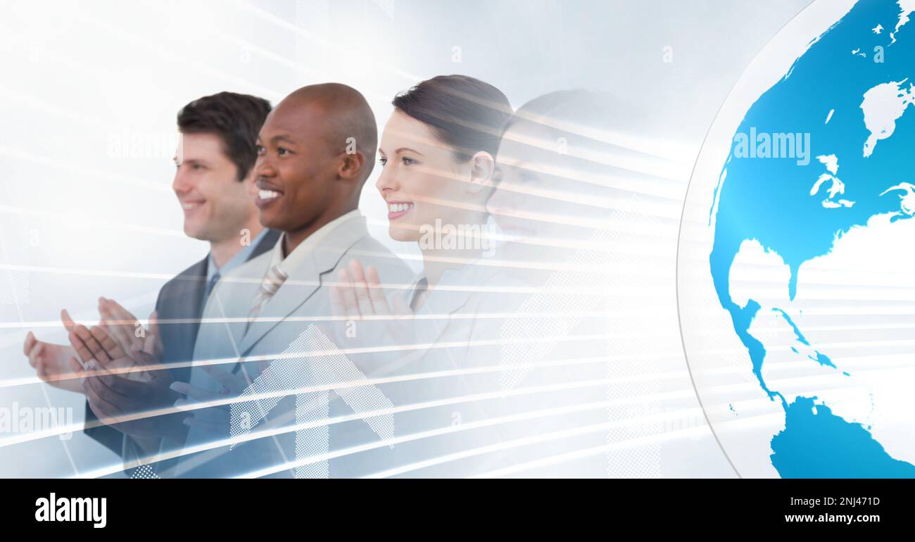 Composition of happy diverse business team in meeting over interface ...