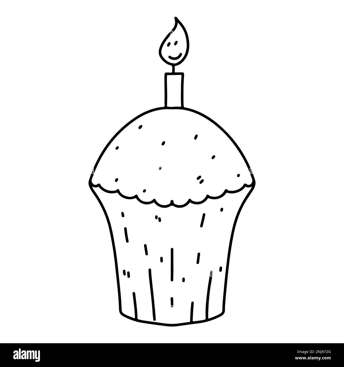 Sweet cupcake with birthday candle in hand drawn doodle style. Template ...