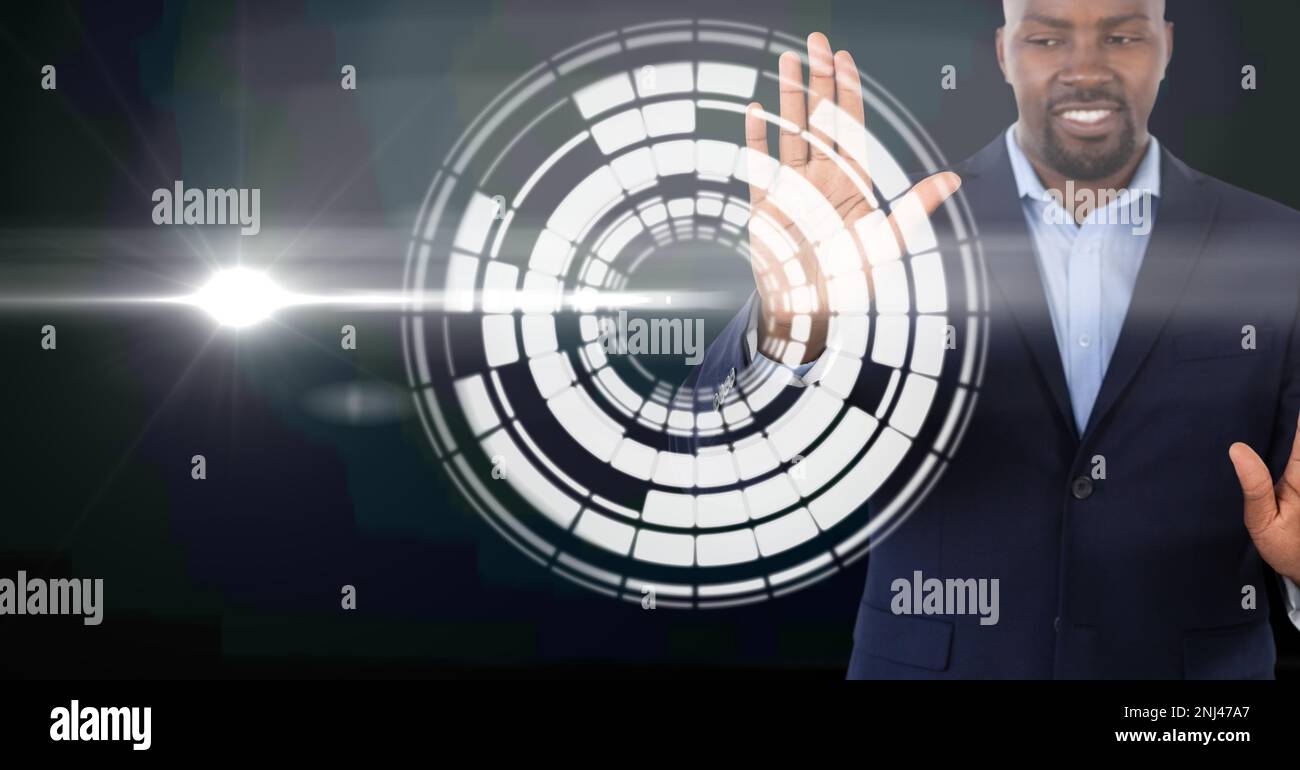 Composition of smiling businessman touching screen with scope scanning ...