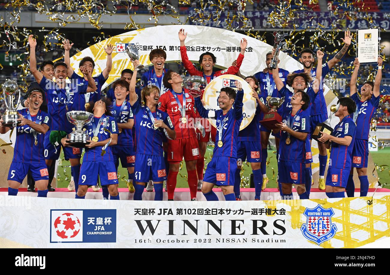 Ventforet Kofu's players pose for a photo as they win Emperor's Cup JFA 102nd Japan Football ...