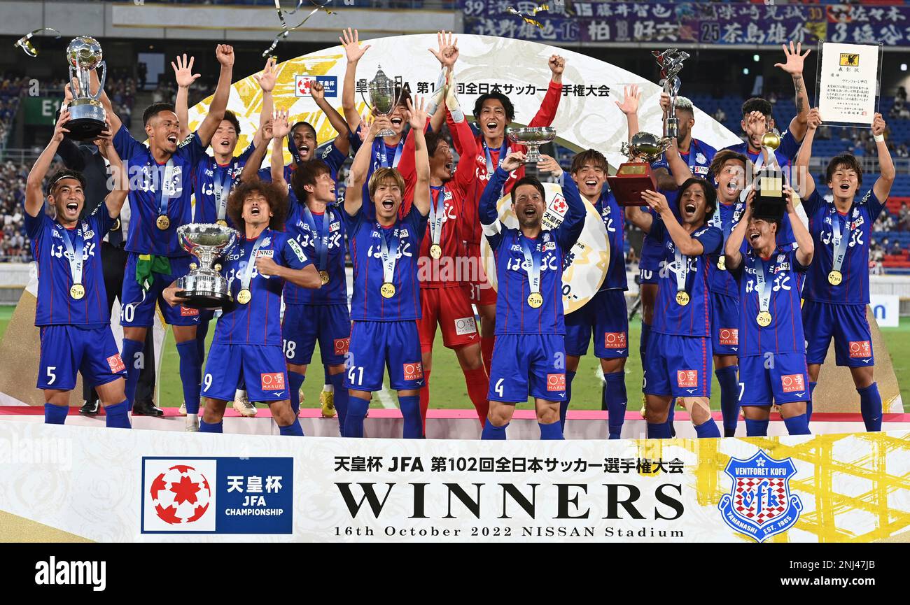 Ventforet Kofu's players pose for a photo as they win Emperor's Cup JFA 102nd Japan Football ...
