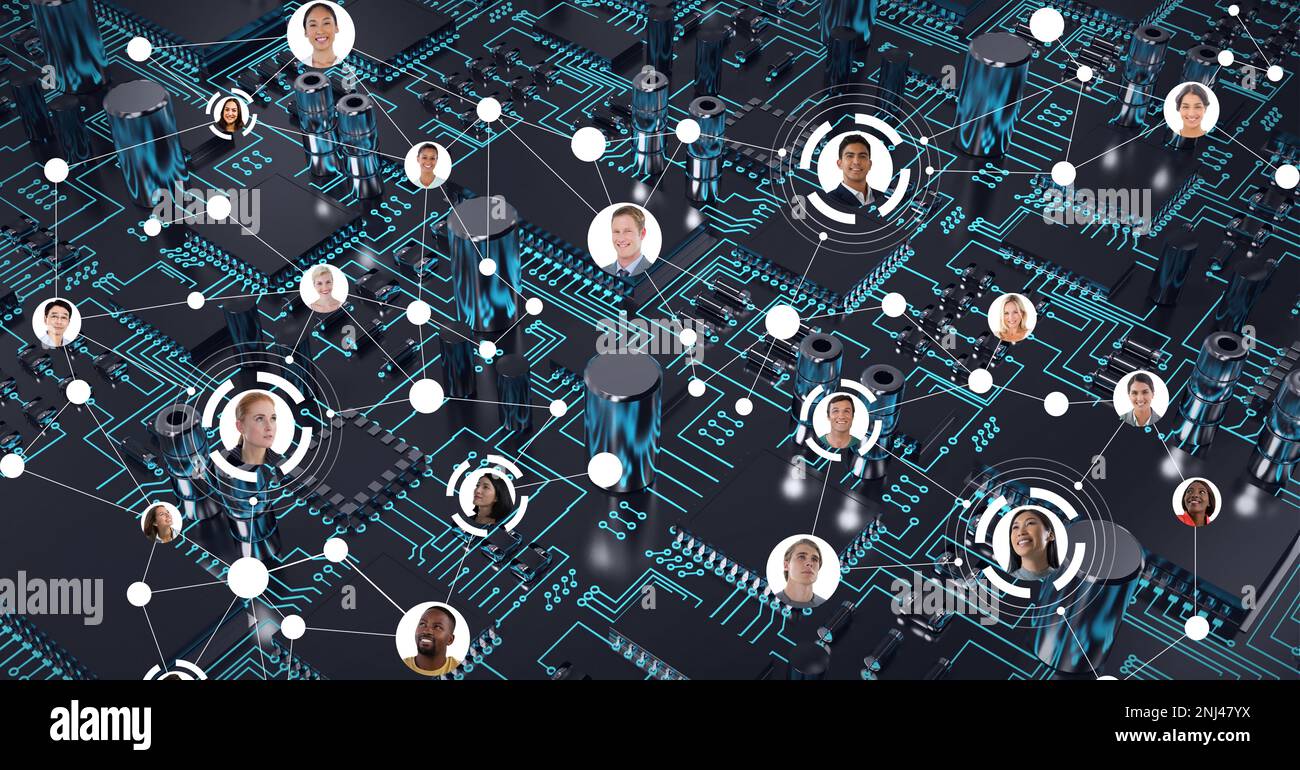 Composition of network of connections with people's photographs over computer circuit board ...