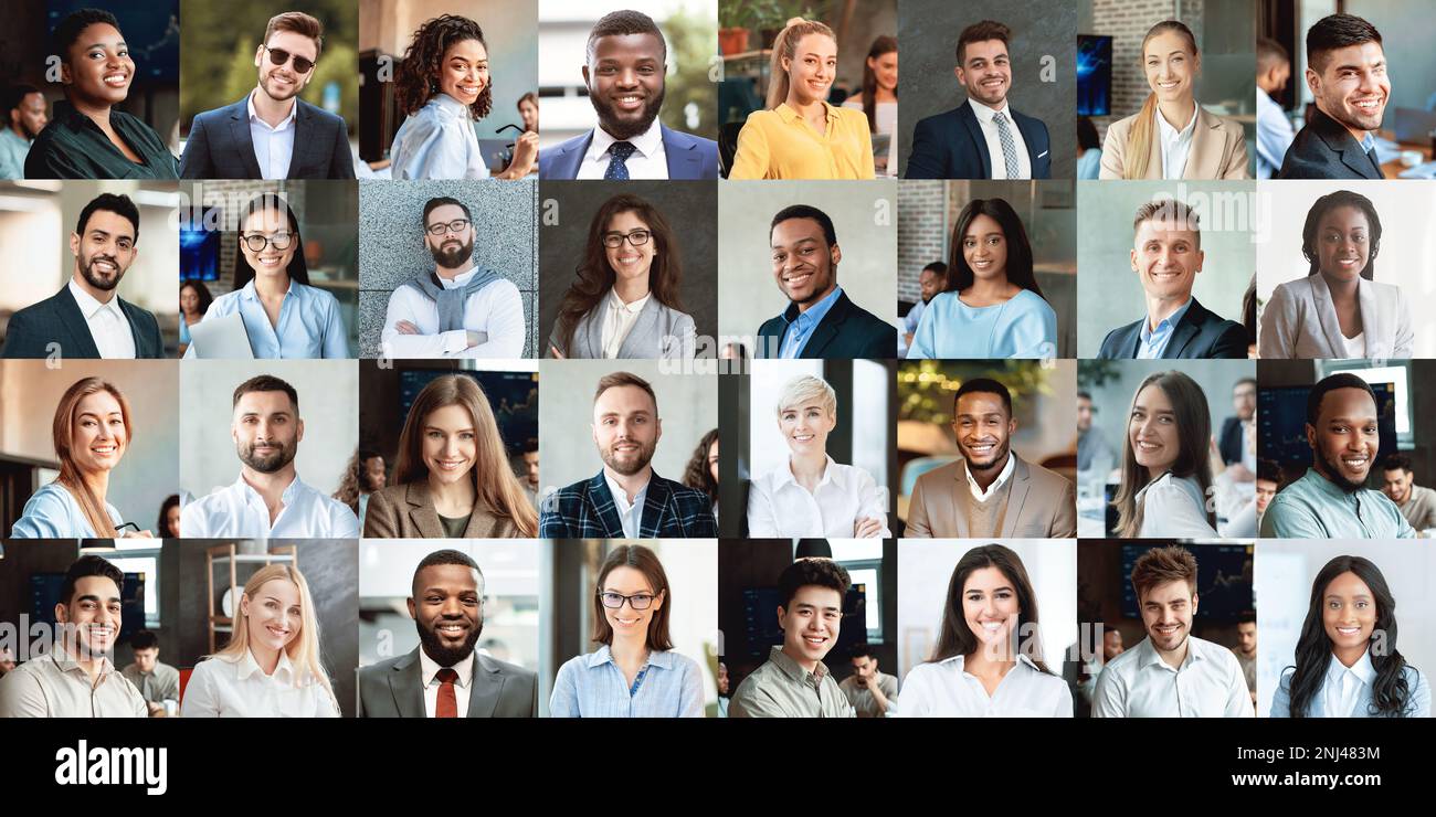 Beautiful business people posing on various backgrounds, panorama ...