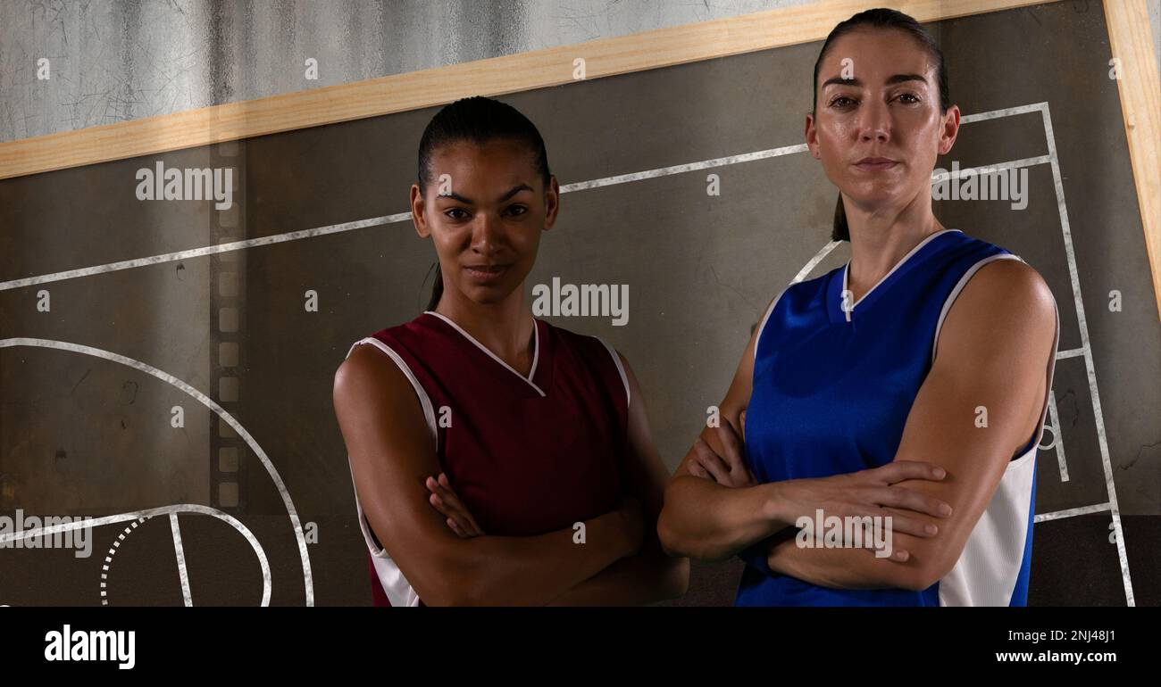 Composition of two diverse female basketball players over basketball ...