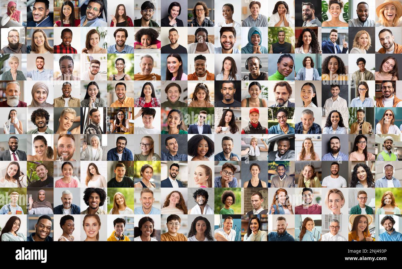 Collection of closeup portraits of happy multiethnic people Stock Photo ...