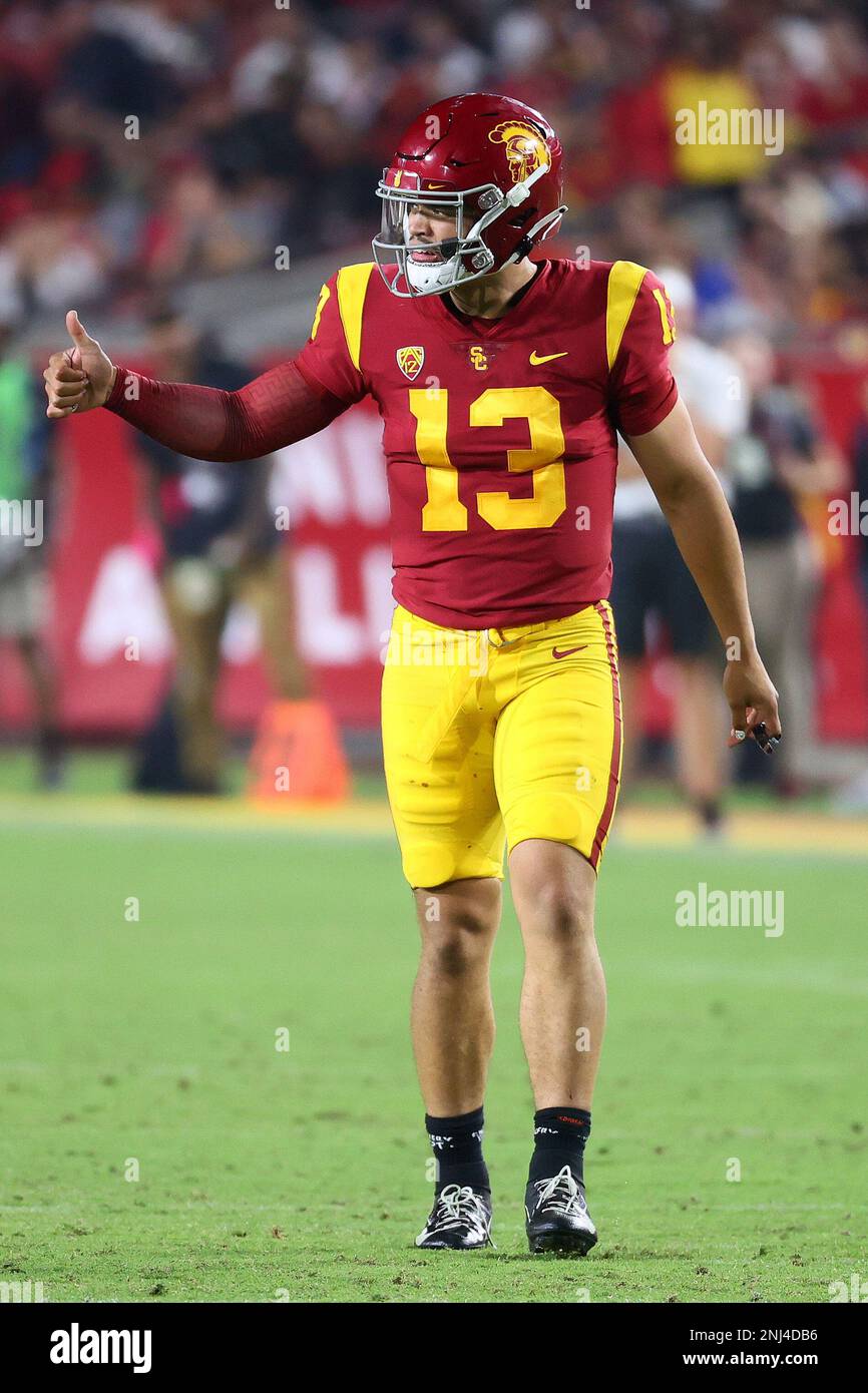 USC Trojans quarterback Caleb Williams (13) gives a thumbs up to his ...
