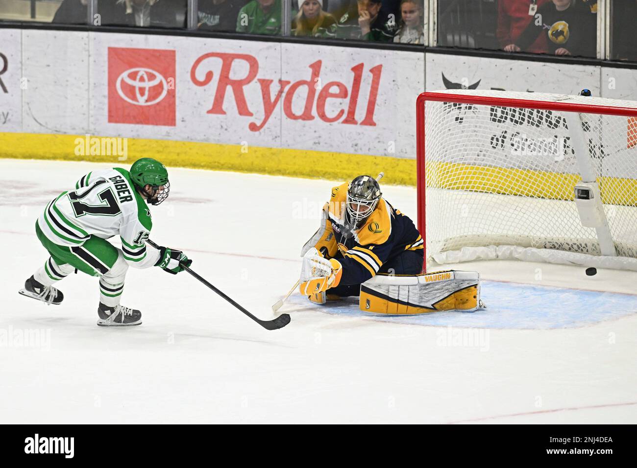 North Dakota Fighting Hawks forward Riese Gaber (17) scores on Quinnipiac Bobcats goaltender ...