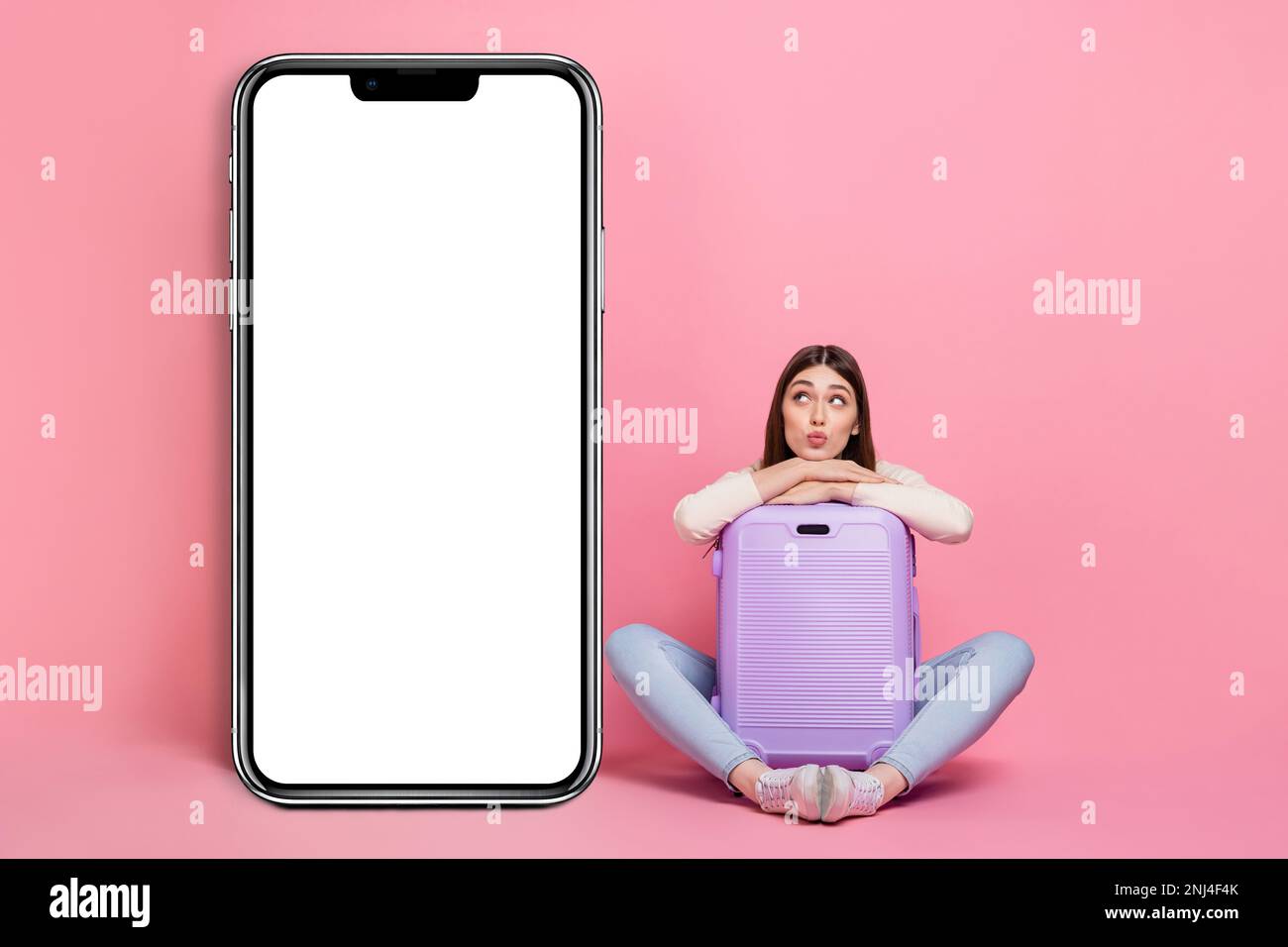Portrait of beautiful trendy girly girl sitting booking flight copy ...