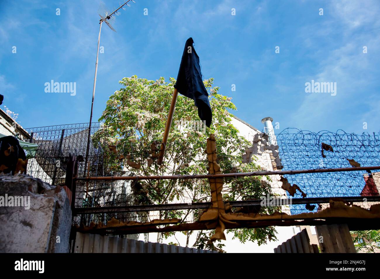 A flag at the squatted building 'La Higuera' before its demolition, in ...