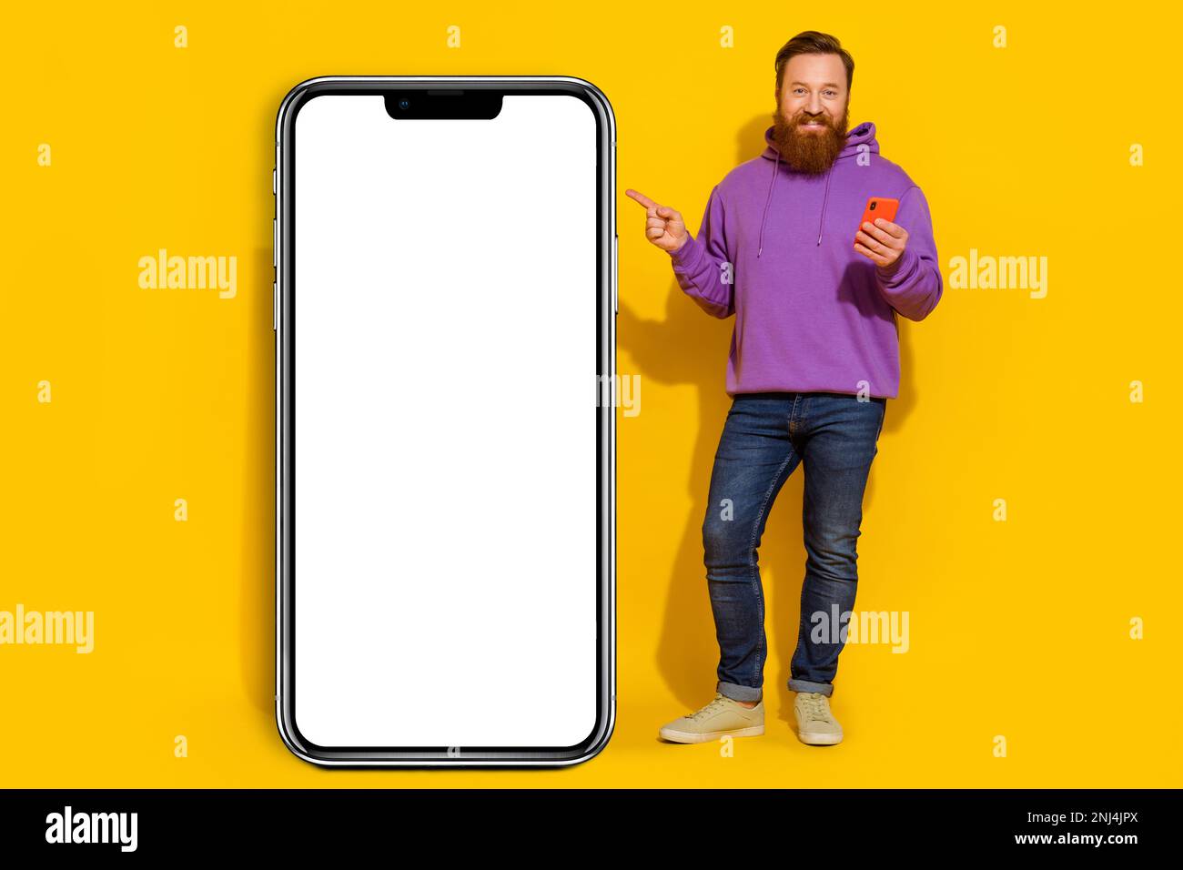 Full body portrait of cheerful person indicate finger empty space ui ...
