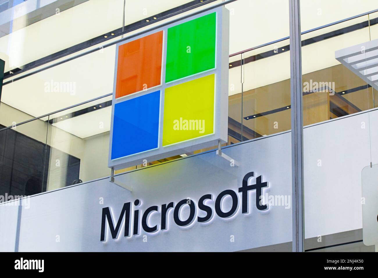 New York, NY - August 26, 2021: Microsoft store window with logo in ...