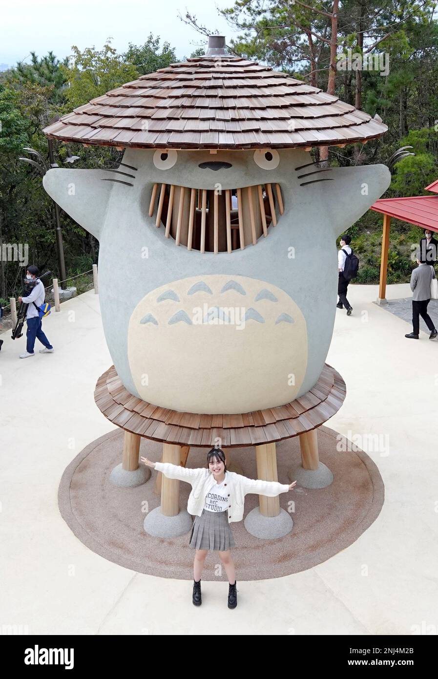 A 5.2 meter-tall wooden Totoro-shaped statue called Dondoko-do stands ...