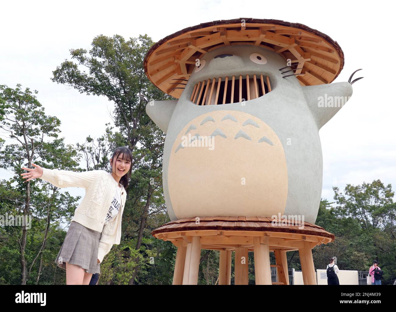 A 5.2 meter-tall wooden Totoro-shaped statue called Dondoko-do stands ...