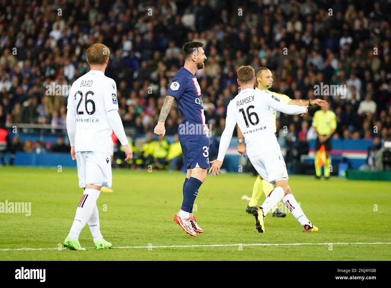 PARIS, FRANCE - OCTOBER 01: Leo Messi (#30) reacts after missing a hit ...