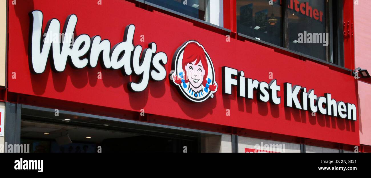 The trademark of Wendy s First Kitchen is seen in Shinjuku Ward Tokyo on May 10 2022. Wendy s is an American international fast food restaurant chain and First Kitchen is a Japanese fast