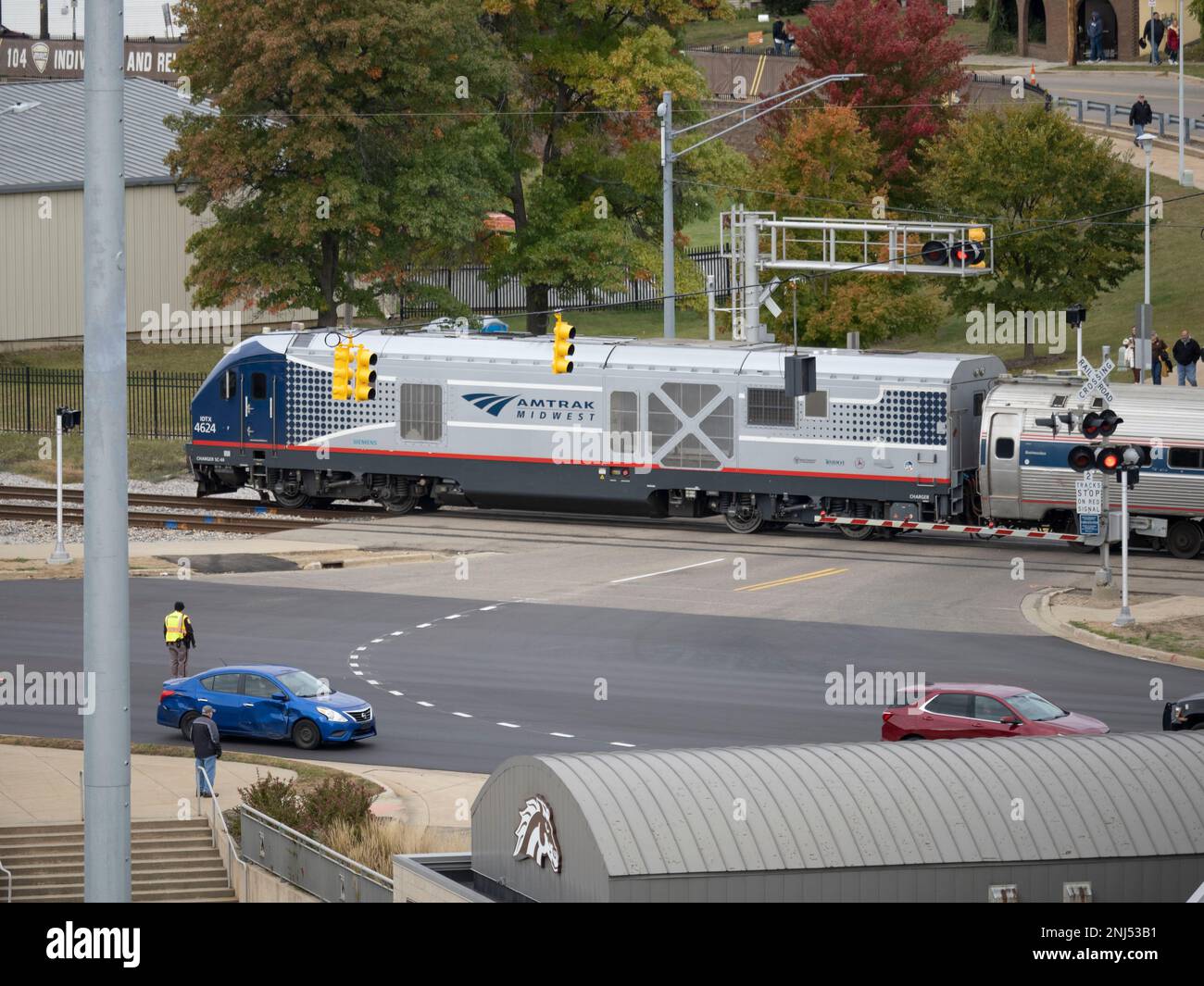 KALAMAZOO, MI - OCTOBER 08: Amtrak Michigan service train 365 "The Blue Water" passes through a ...