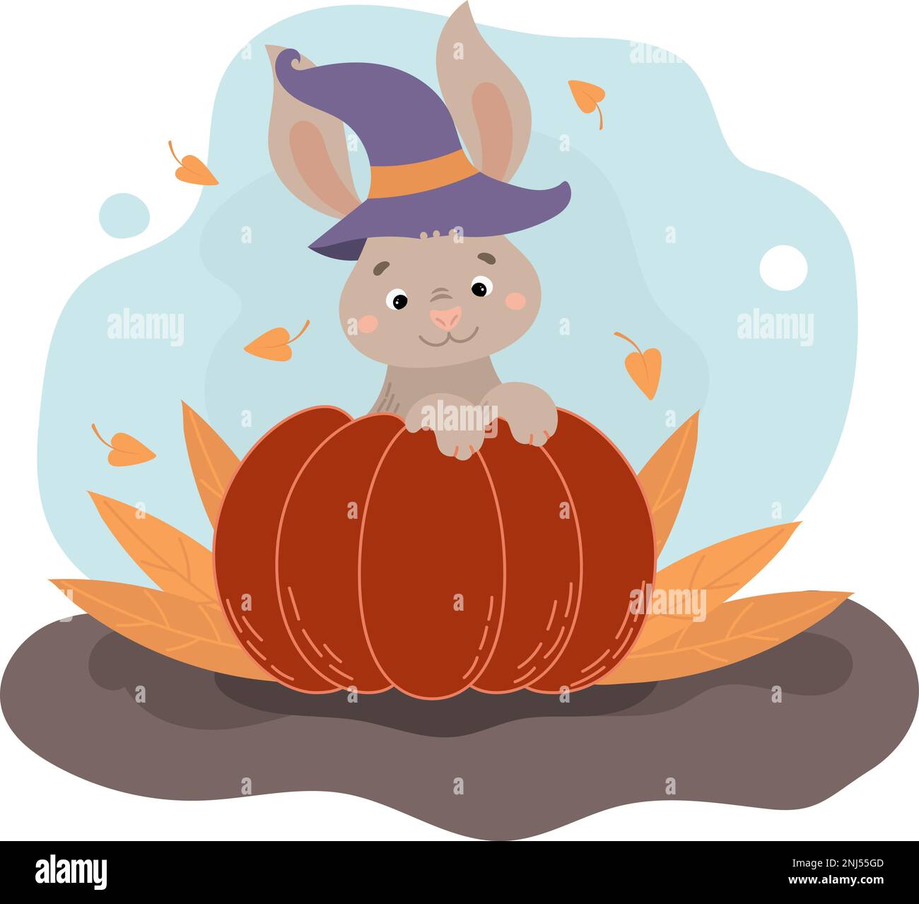 cute bunny sitting in a pumpkin, Happy Halloween. Autumn vector ...