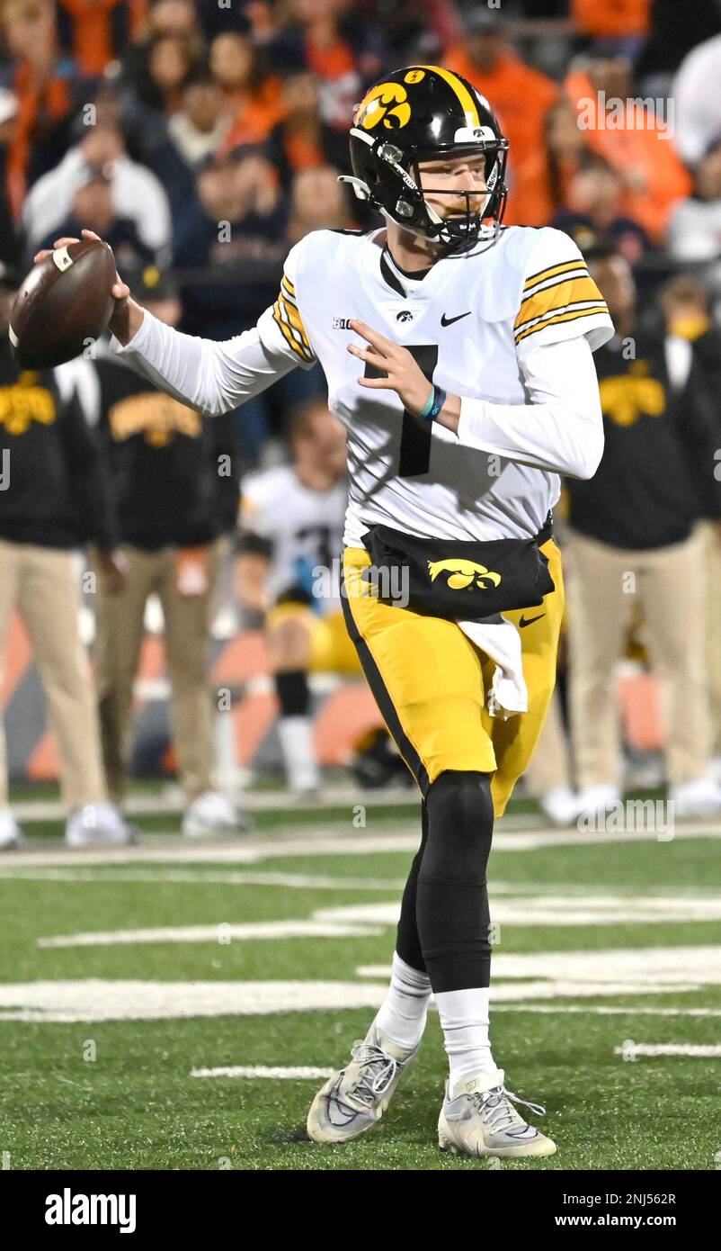 CHAMPAIGN, IL - OCTOBER 08: Iowa quarterback Spencer Petras (7) passes ...