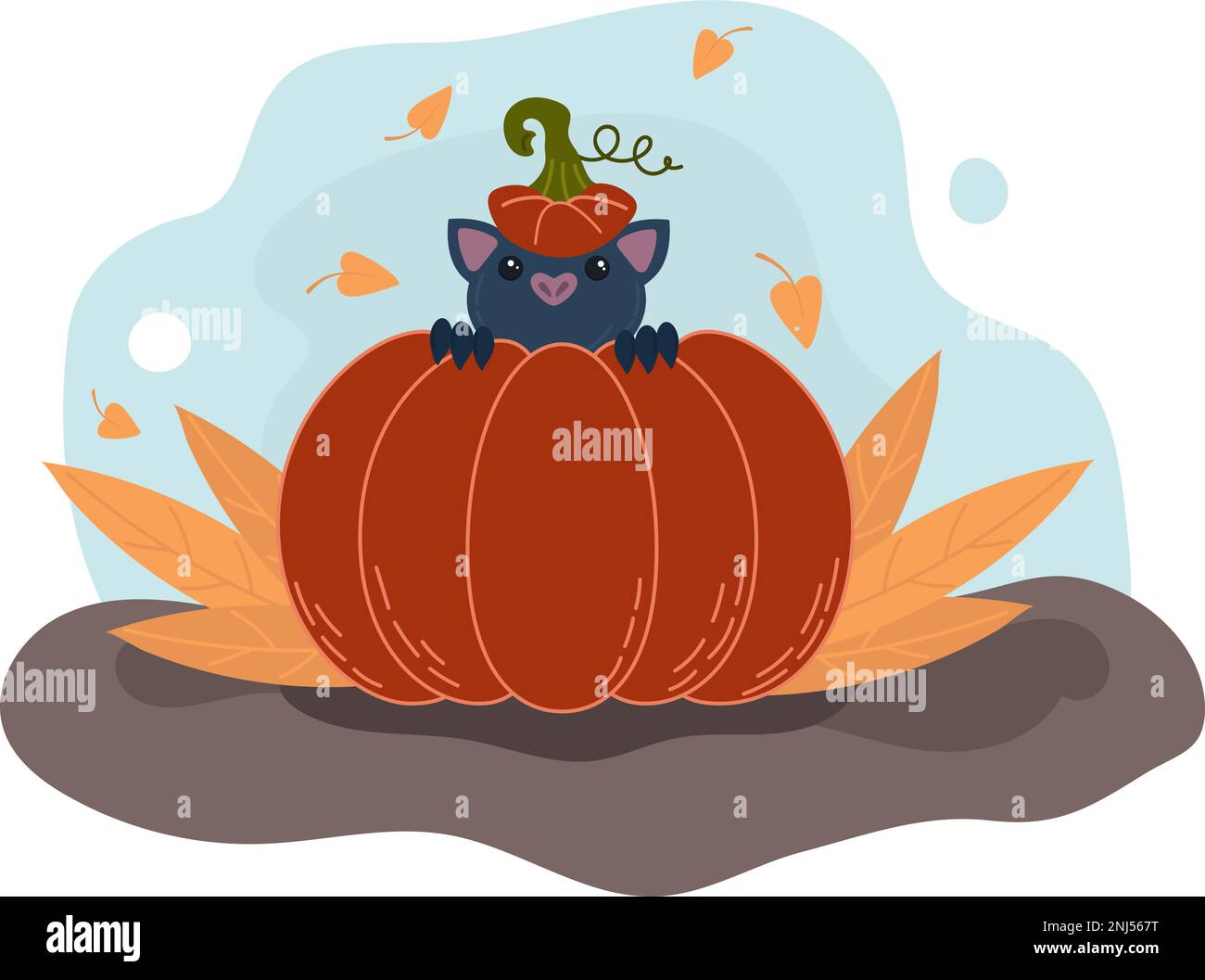 bat sitting in a pumpkin, Happy Halloween. Autumn poster vector ...
