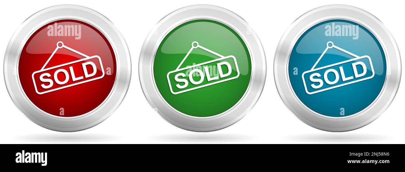 Sold vector icon set. Red, blue and green silver metallic web buttons ...