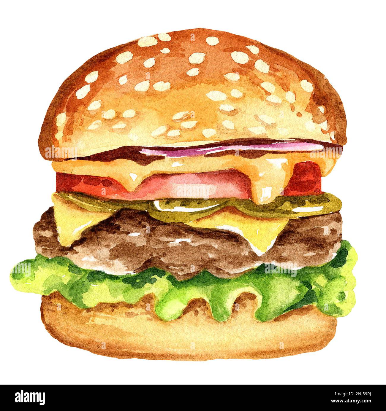 burger with meat, onion, tomatos, cheese, watercolour hand drawn ...