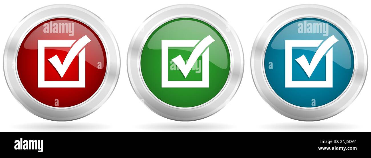 Correct, check box vector icon set. Red, blue and green silver metallic ...