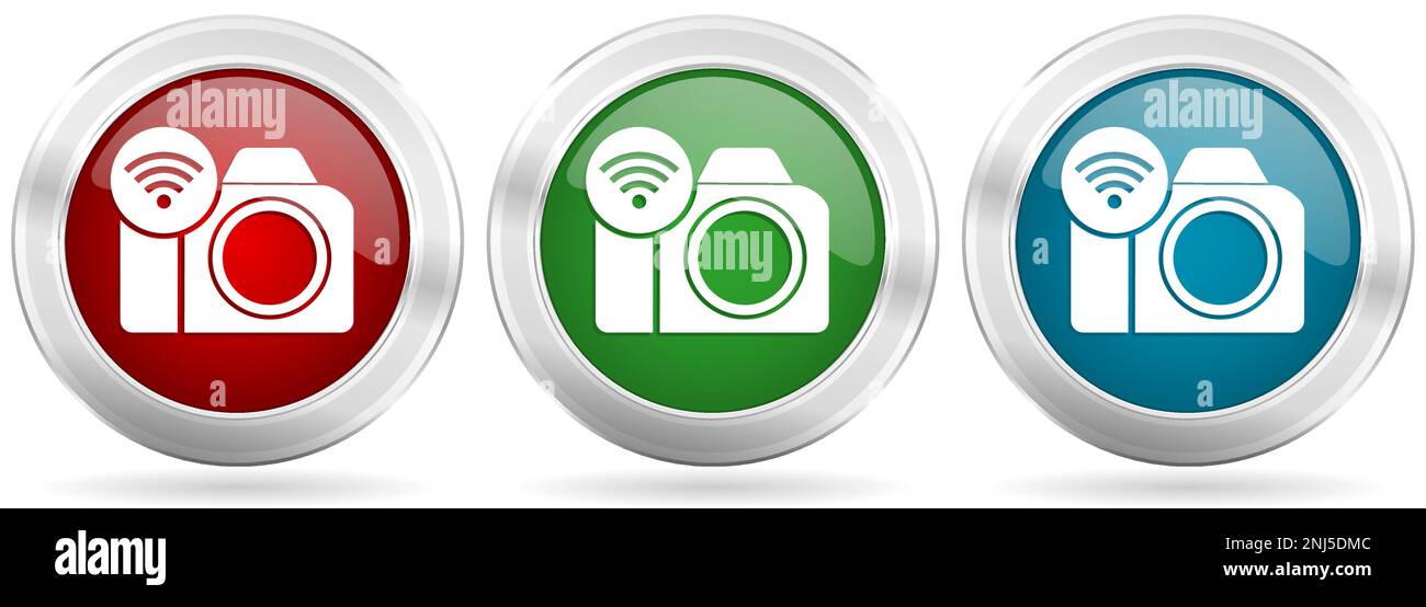 Photo camera, communication, wifi vector icon set. Red, blue and green ...
