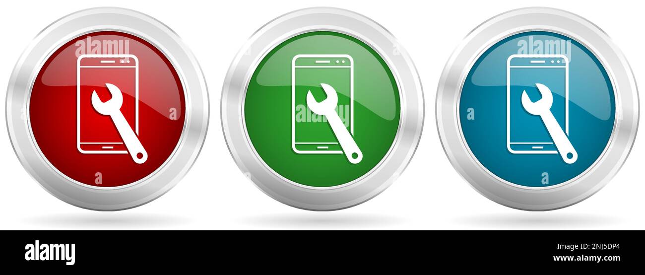 Mobile phone, smartphone service vector icon set. Red, blue and green ...