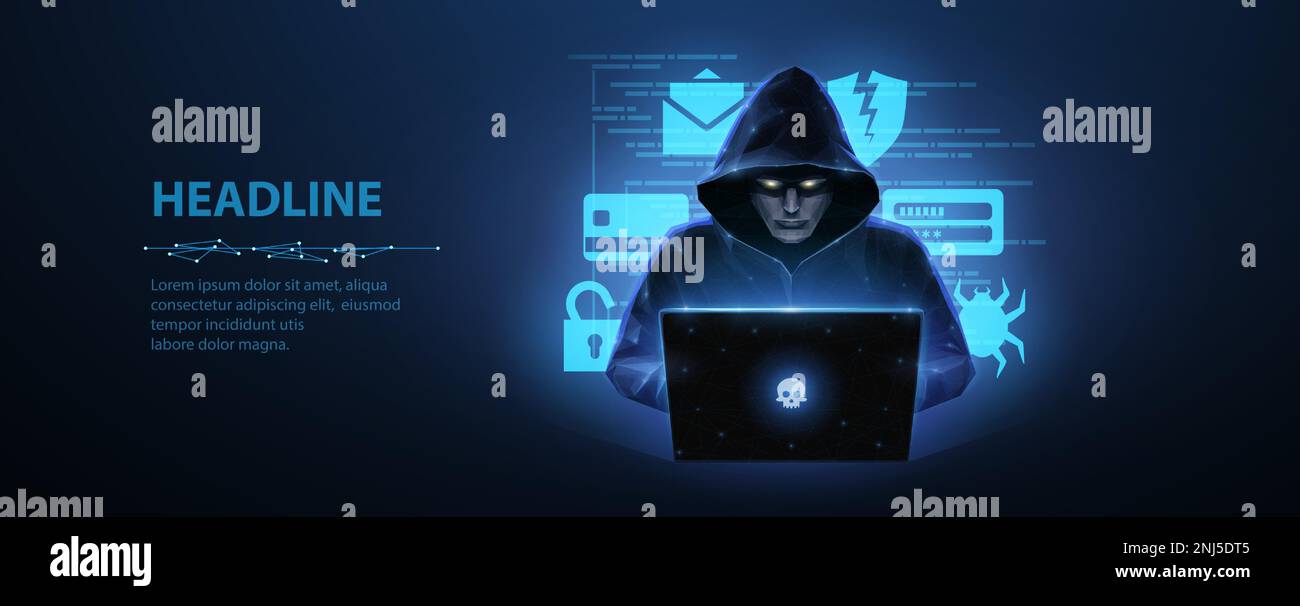 Hacker. Cyber criminal with laptop and related icons behind it. Cyber crime, hacker activity ...