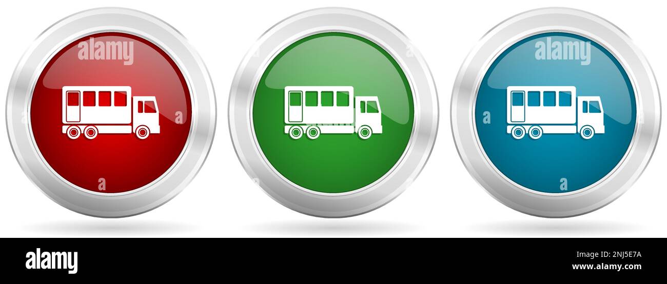 Off road bus, combination truck vector icon set. Red, blue and green ...
