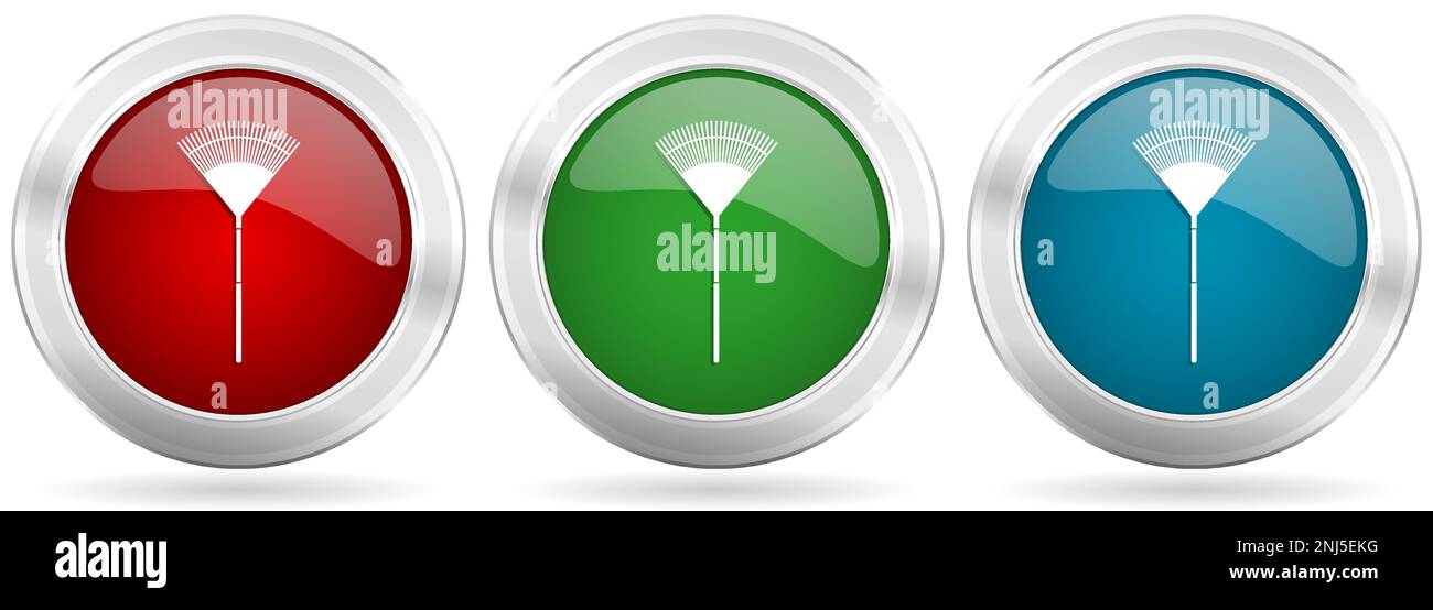 Rake, gradening too vector icon set. Red, blue and green silver ...