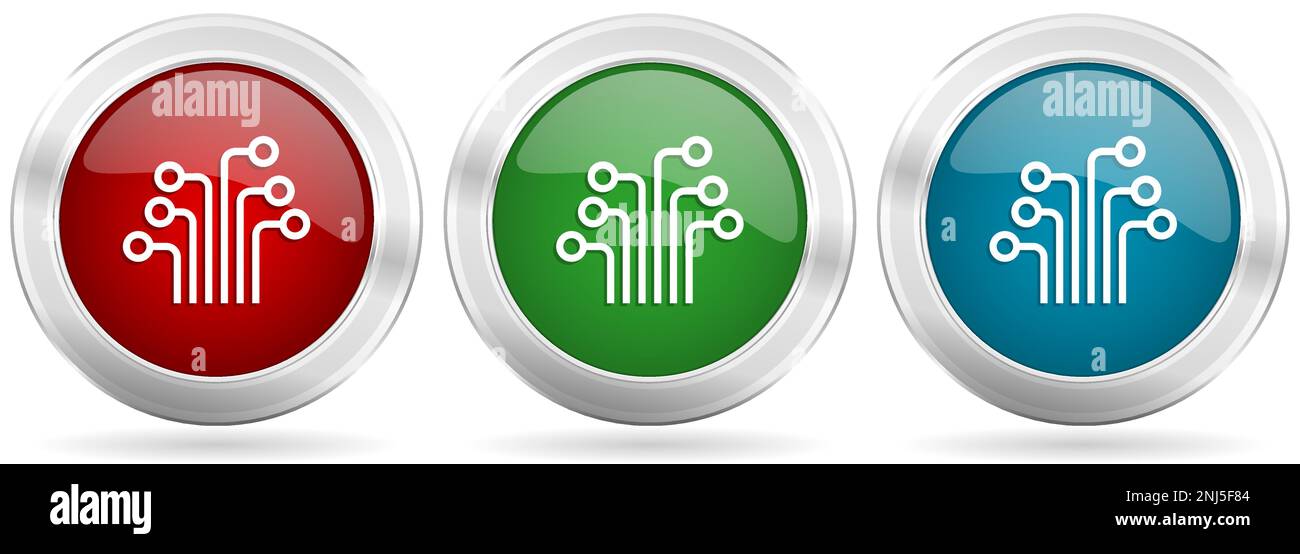 Circuit, technology, chip, processor vector icon set. Red, blue and ...