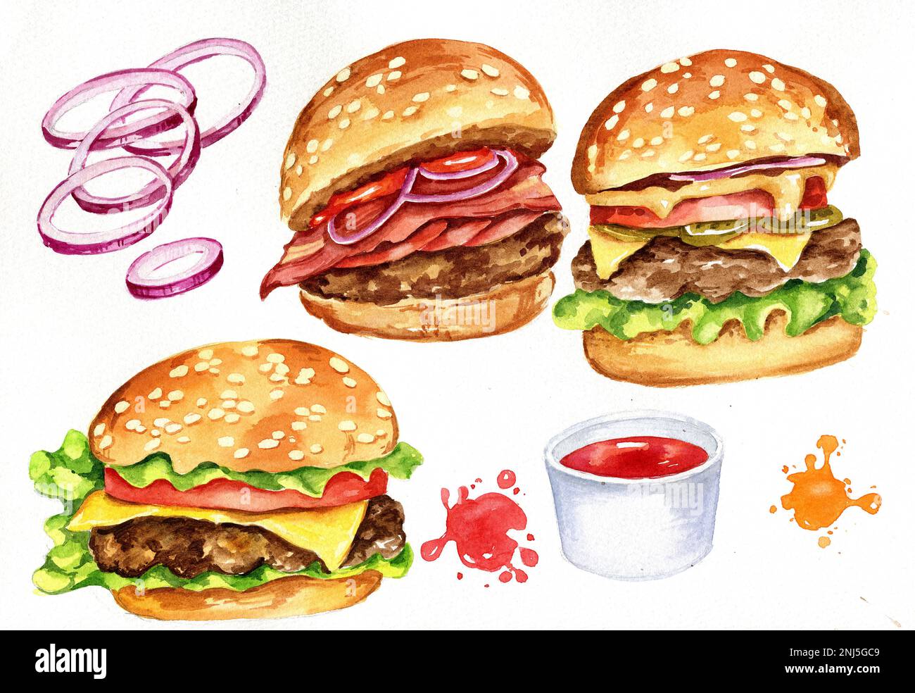 set of watercolor burgers, fast food sketch, cheeseburger, hamburger ...