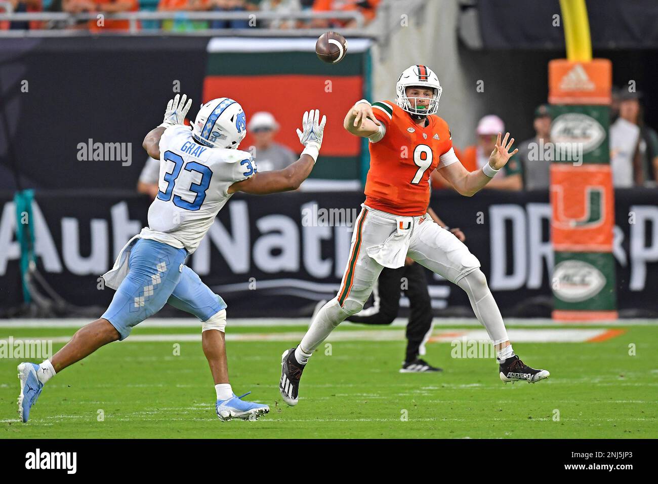 MIAMI GARDENS, FL - OCTOBER 08: Miami quarterback Tyler Van Dyke (9 ...