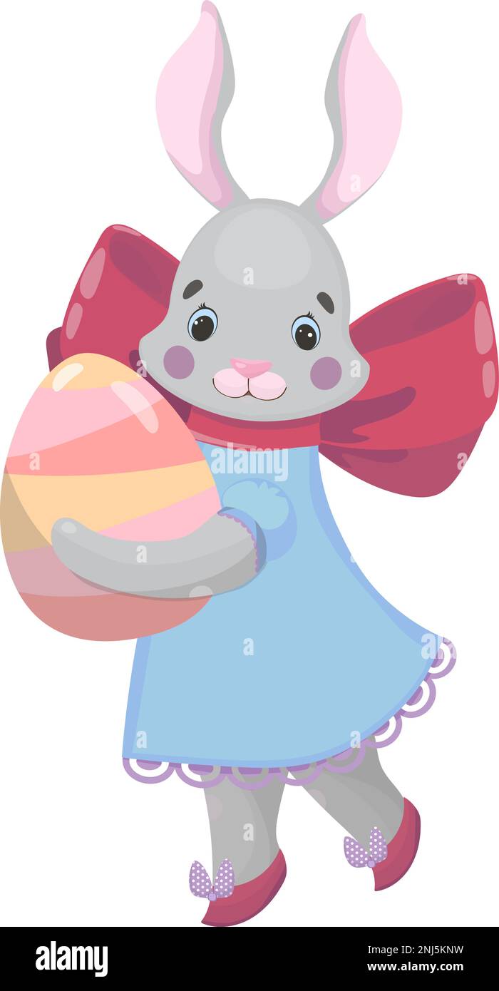 Easter girl rabbit carries an egg. Happy Easter bunny in a dress and ...