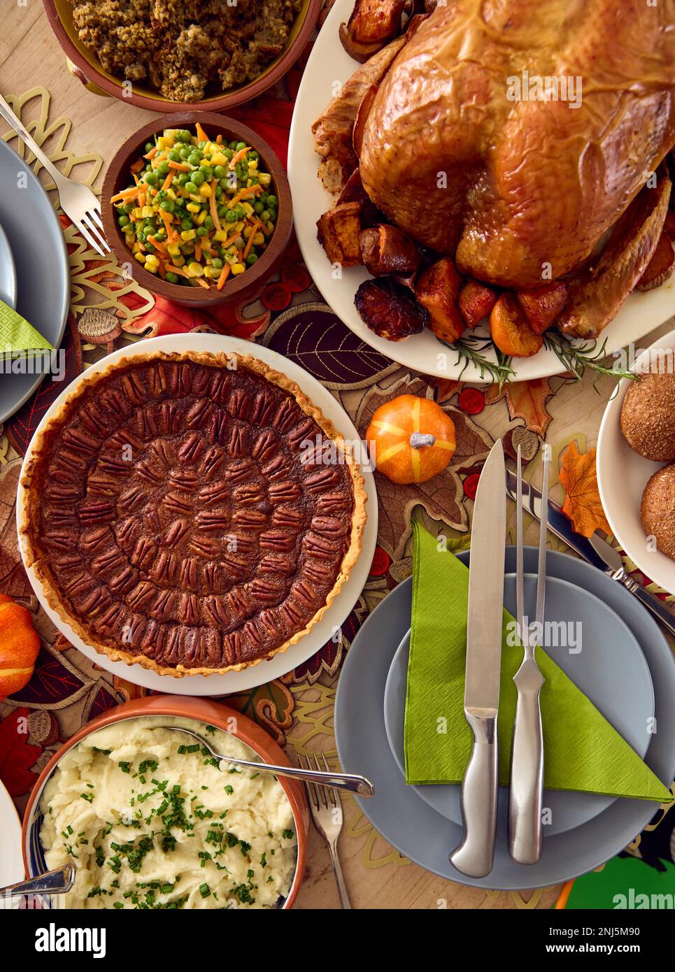 Overhead Shot Of Table Set For Thanksgiving Meal With Turkey And ...