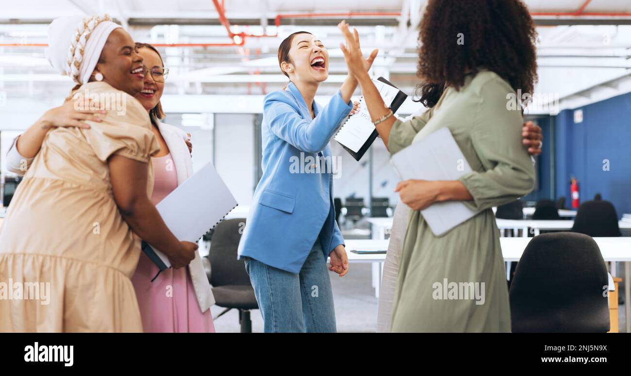 Support, meeting and business women with hands for motivation ...