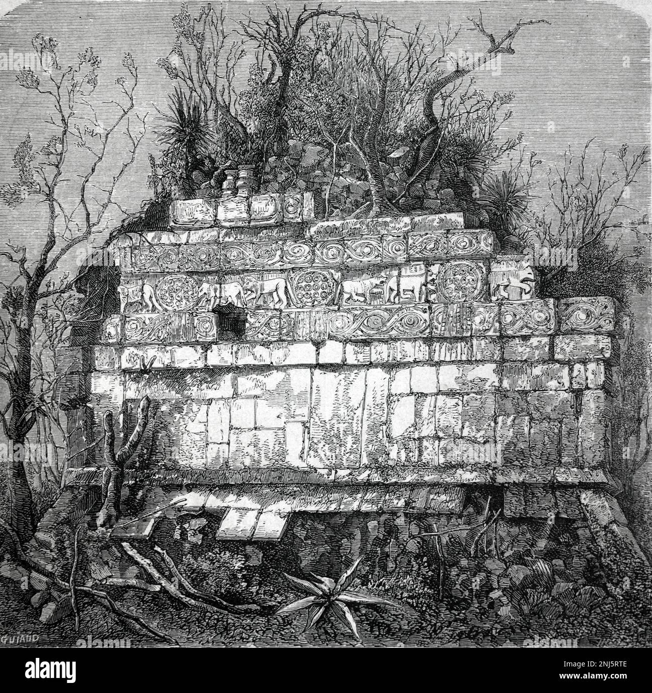 Jaguar or Big Cat Reliefs and Decorated Stone Wall at Chichen Itza, pre ...