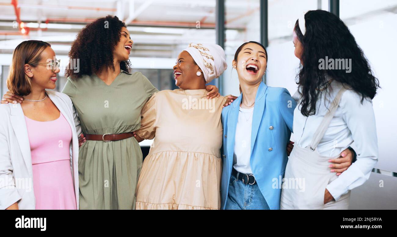 Diversity, work friends and women in modern office, bonding and laugh ...