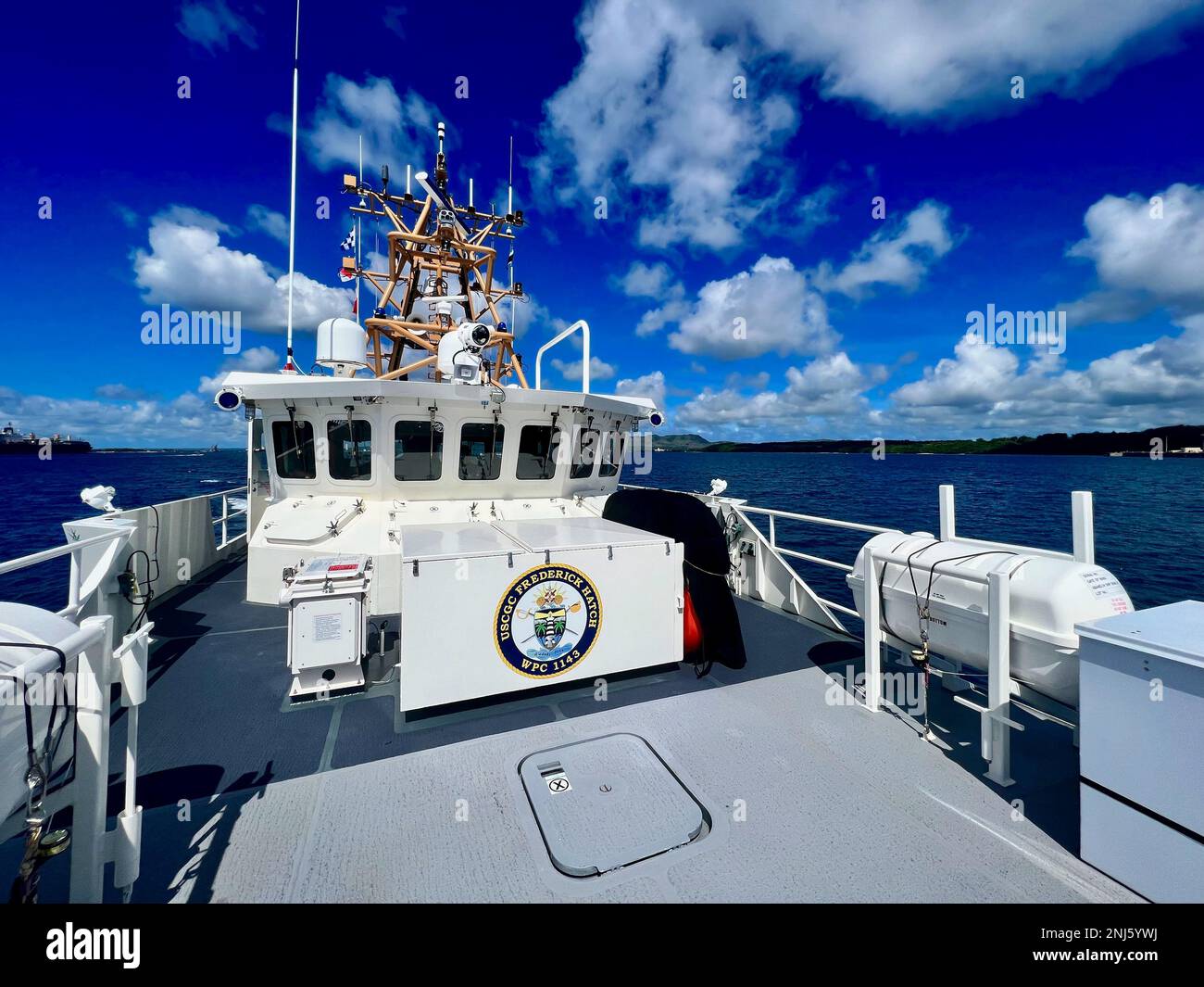 The USCGC Frederick Hatch (WPC 1143) departs Apra Harbor, Guam, on Aug ...