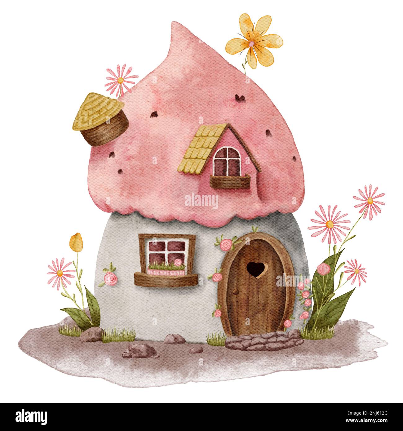 Pink watercolor cute house. Fairytale gnome house white with pink roof ...