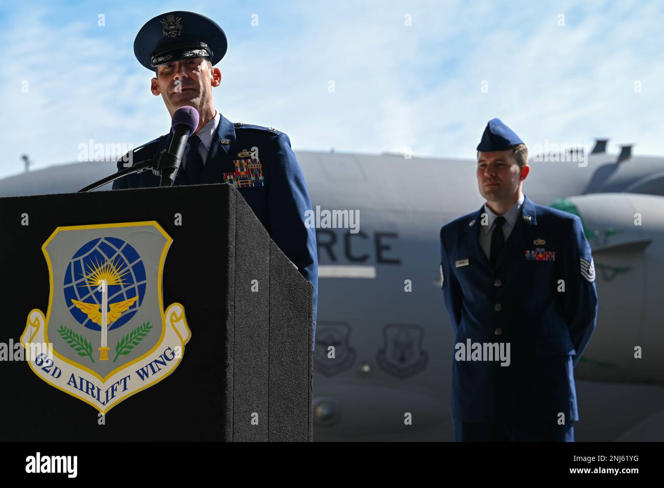 U.S. Air Force Col. Christopher Joyce, speaks during his assumption of command ceremony for the ...