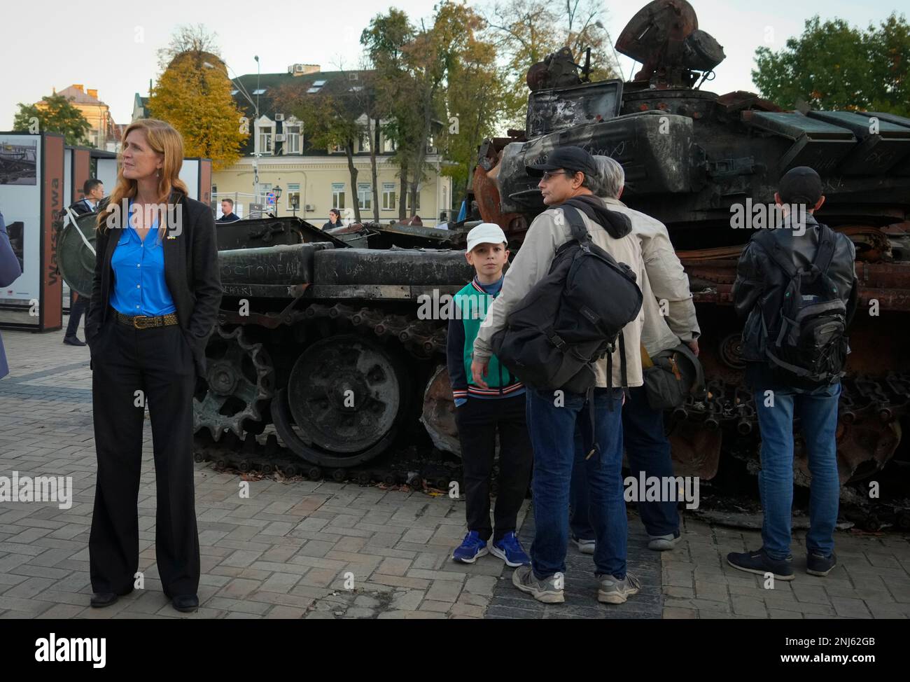 USAID Administrator Samantha Power, left, observes destroyed Russian ...