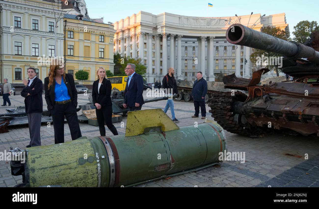USAID Administrator Samantha Power, second left, observes destroyed ...