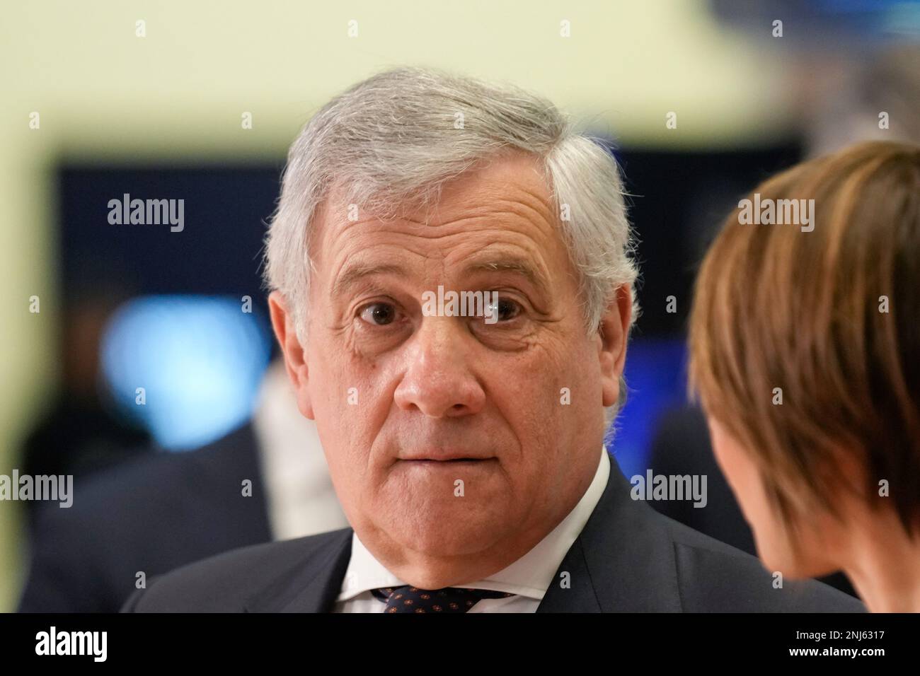 Italy's Foreign Minister Antonio Tajani speaks to a reporter on the ...