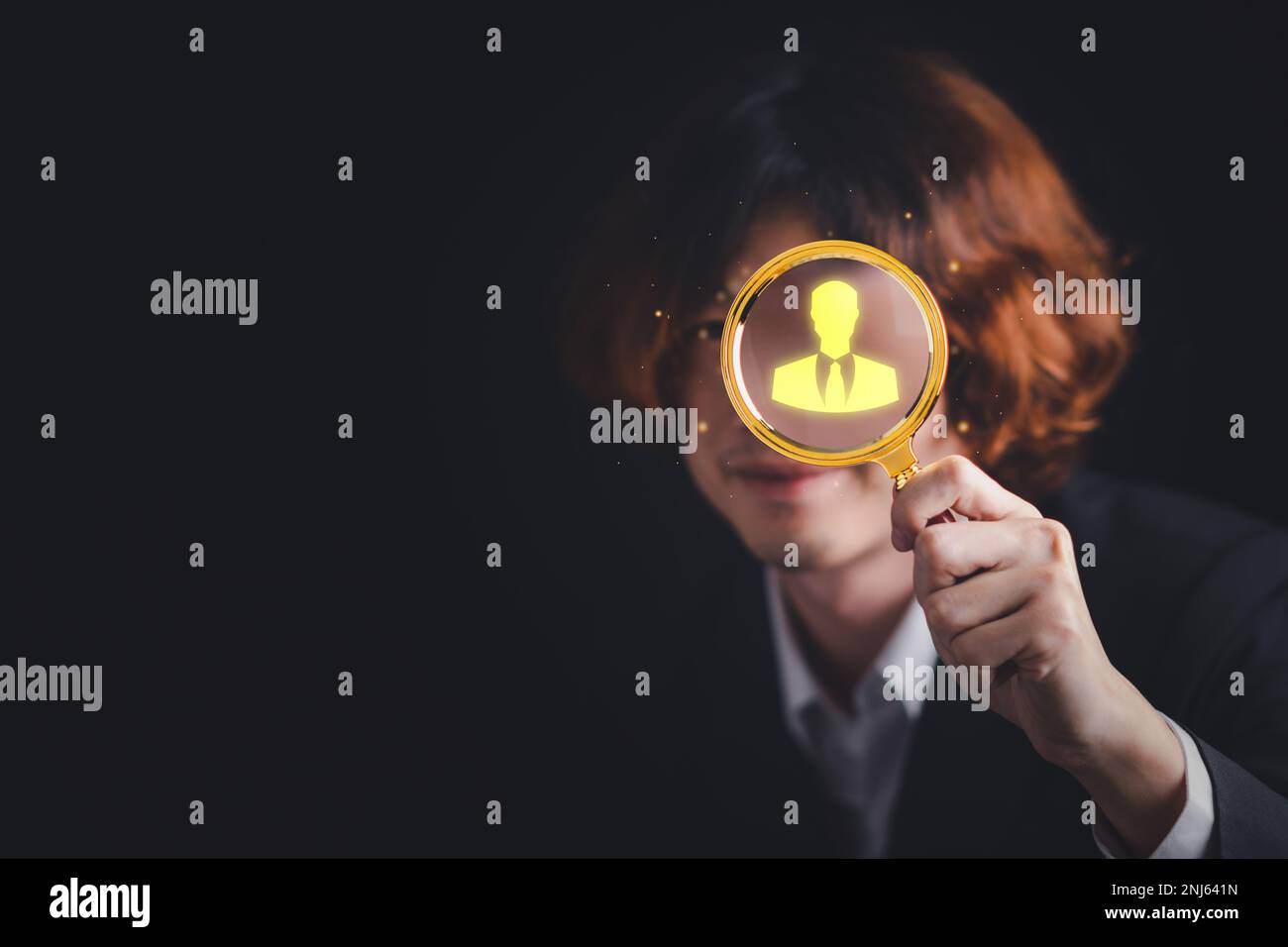 Asian businessman use magnifying glass for CRM, Customer Relationship ...