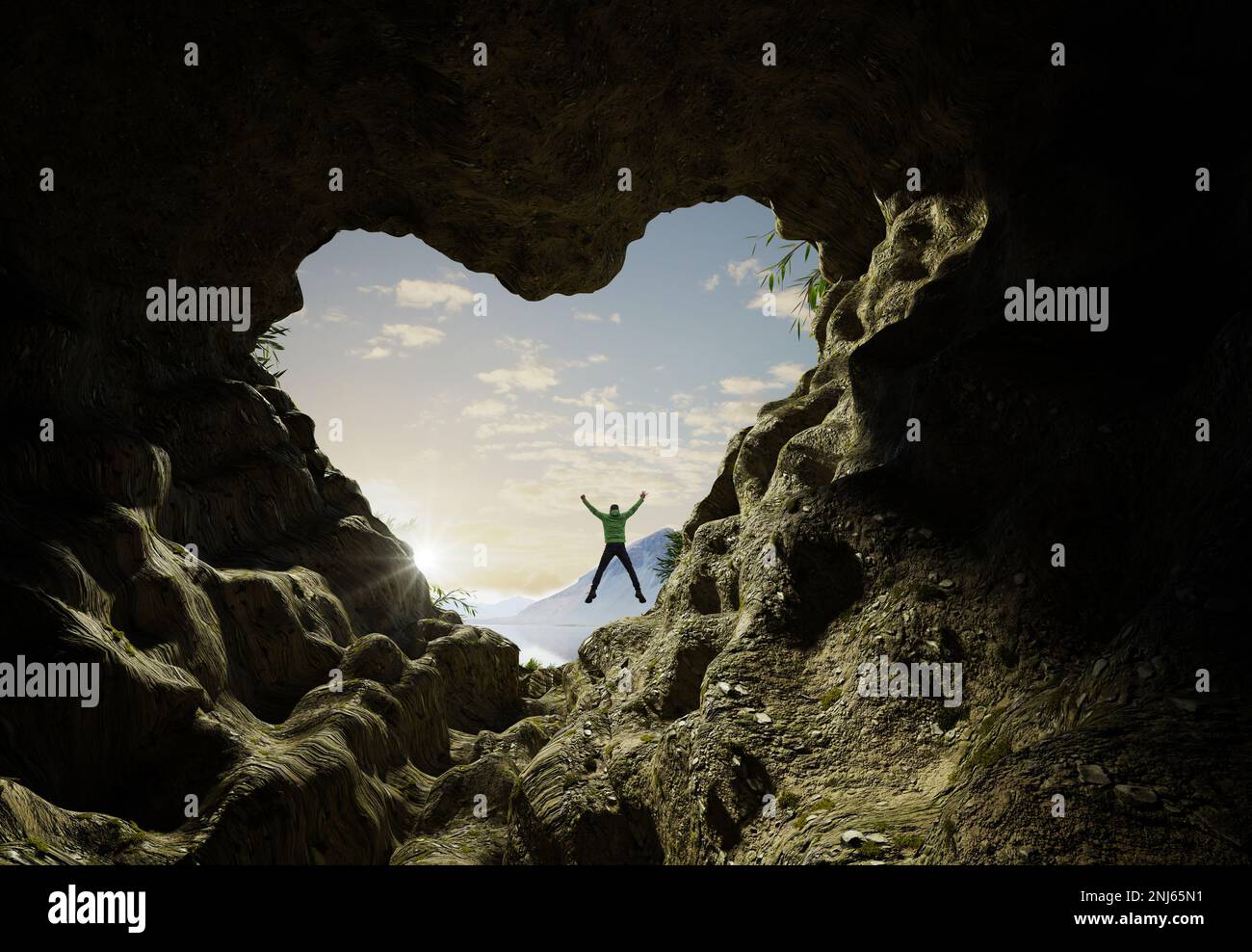 Man comes out of heart shaped cave and jumps up for joy, 3d rendering ...