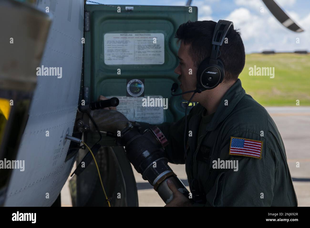 U.S. Marine Corps Cpl. David Cummings, a KC-130J Super Hercules aircraft loadmaster with Marine ...