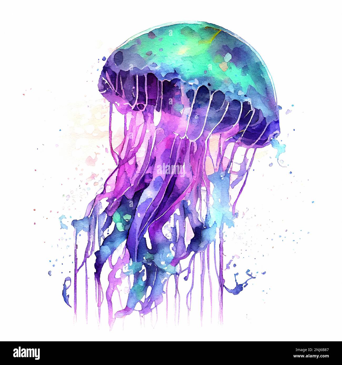 Colorful jellyfish watercolor hand drawn illustration, sea animals ...
