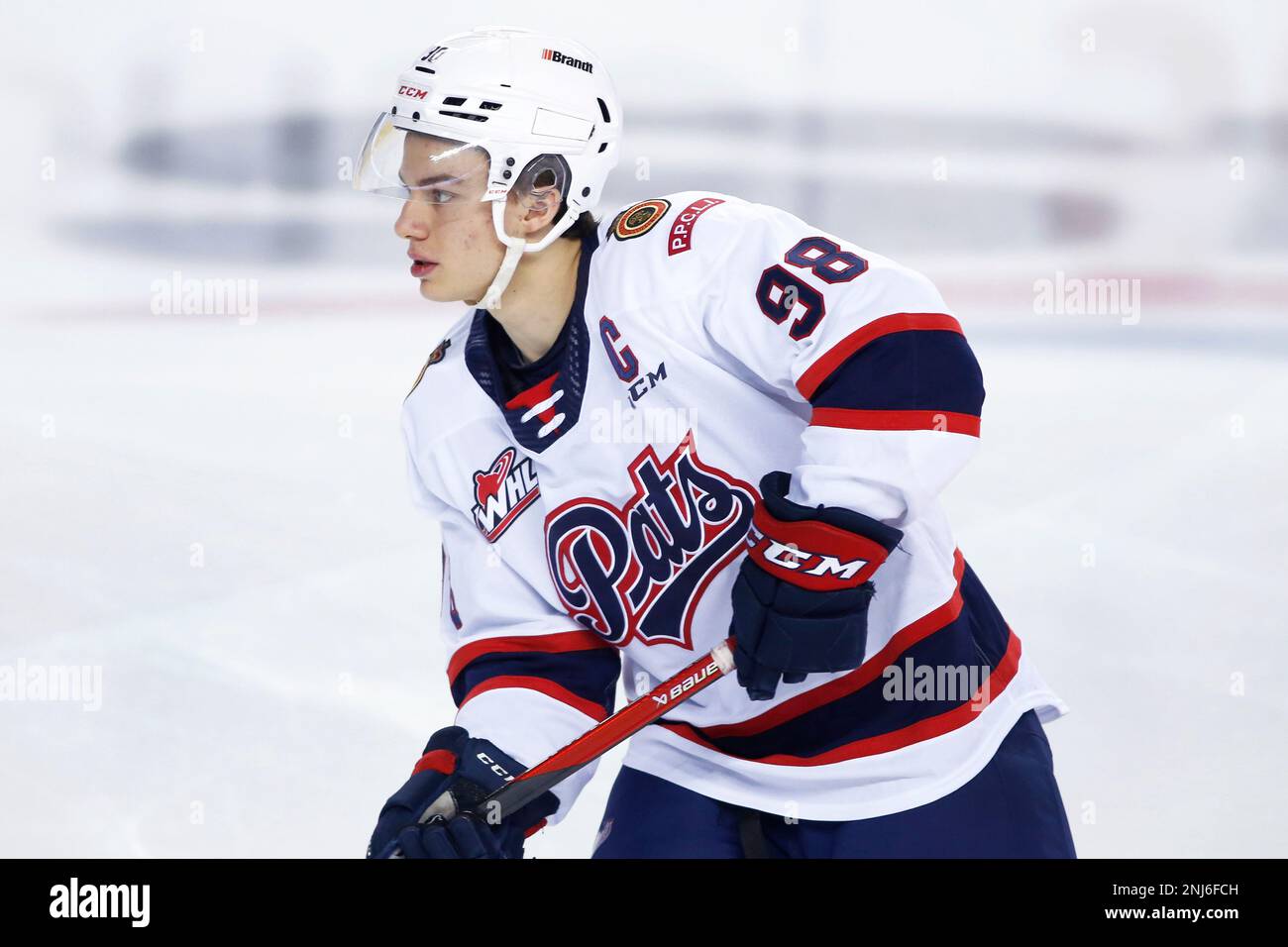 Regina Pats player Connor Bedard during WHL (Western Hockey League) hockey action against the ...